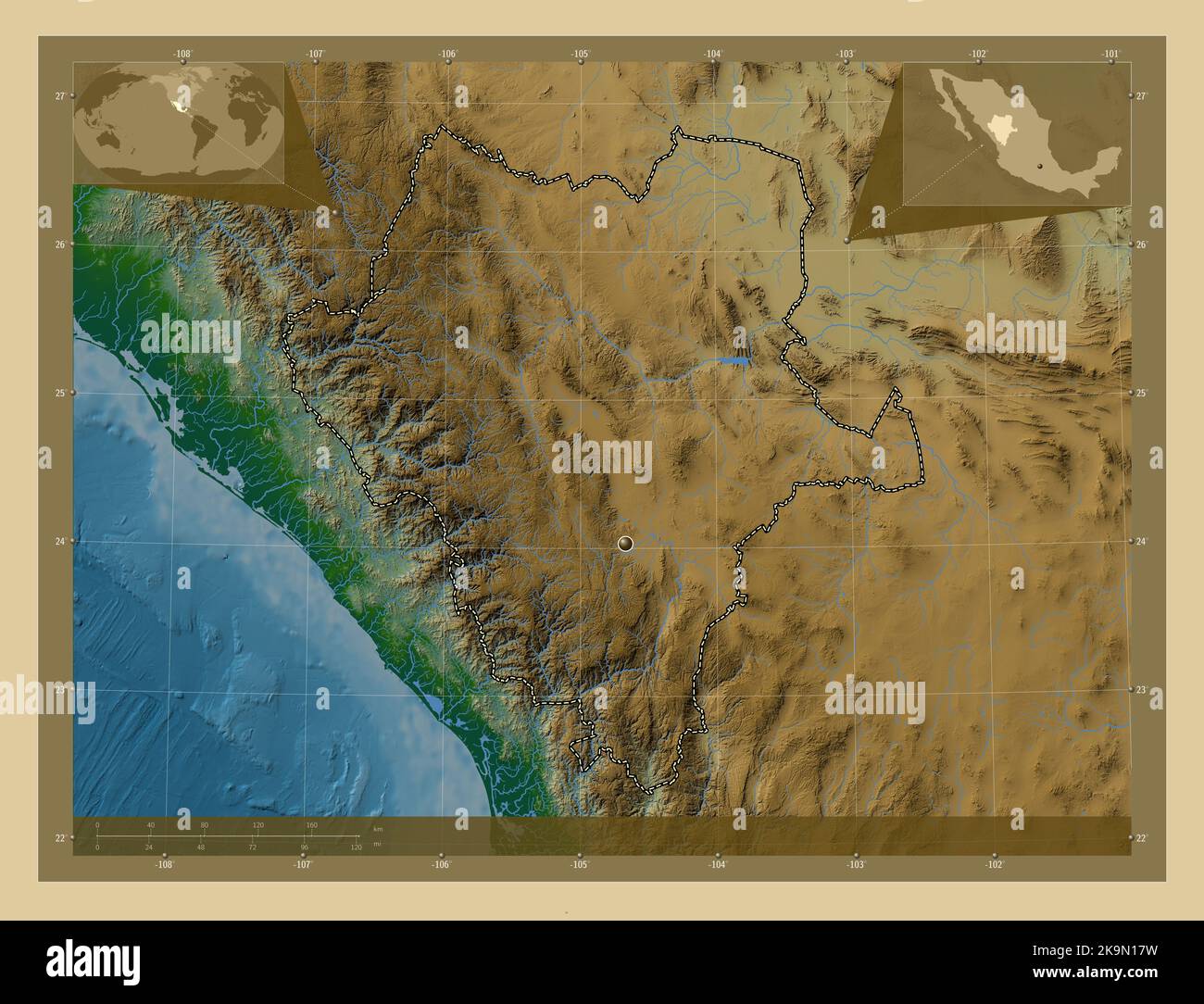 Durango, state of Mexico. Colored elevation map with lakes and rivers ...