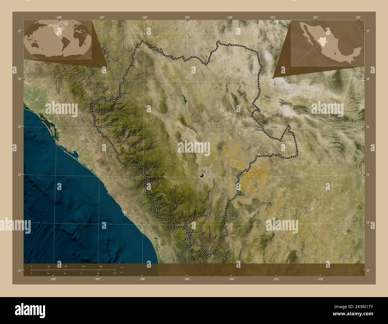 Durango, state of Mexico. Low resolution satellite map. Corner ...