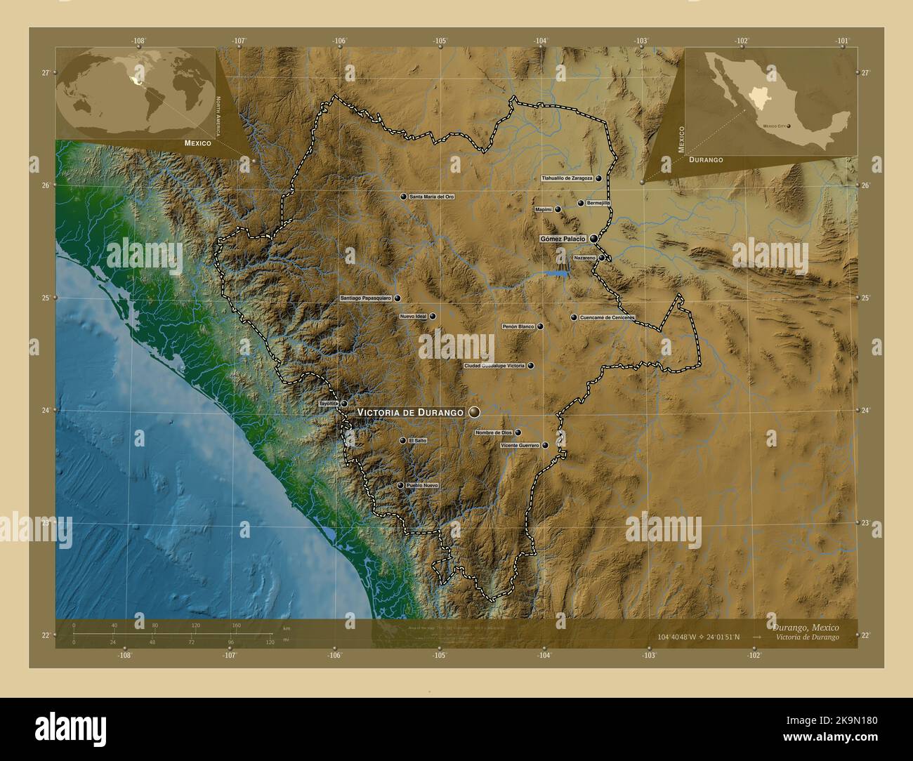 Durango, state of Mexico. Colored elevation map with lakes and rivers ...