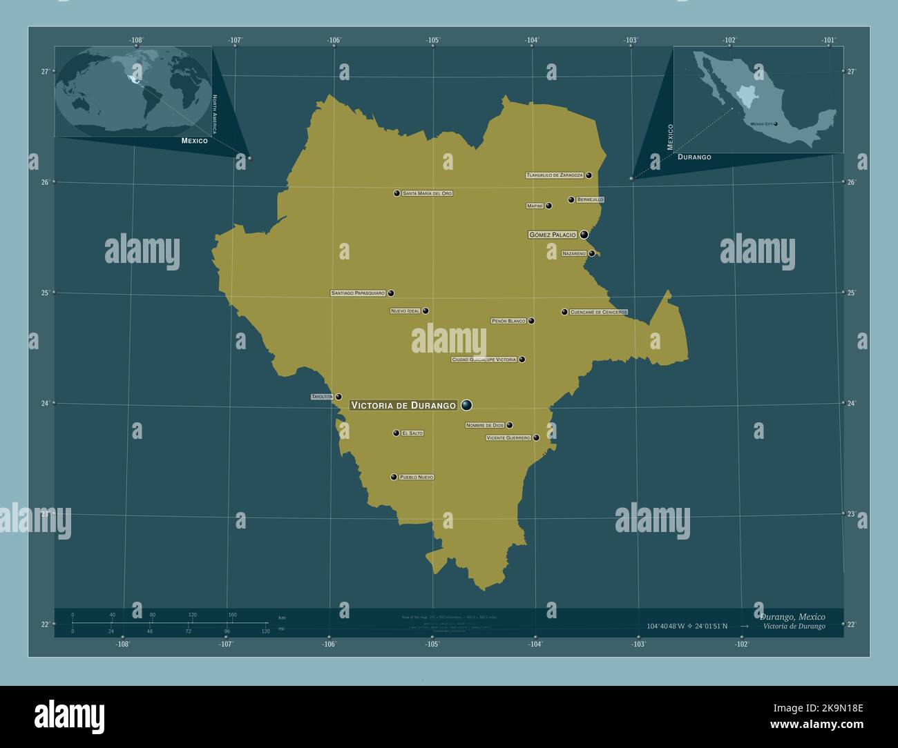 Durango, state of Mexico. Solid color shape. Locations and names of ...