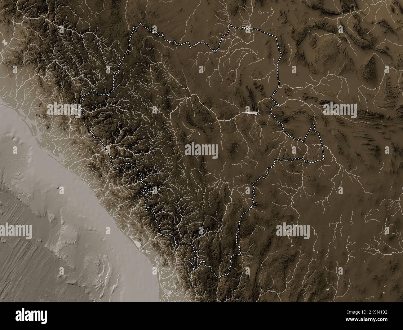 Durango, state of Mexico. Elevation map colored in sepia tones with ...
