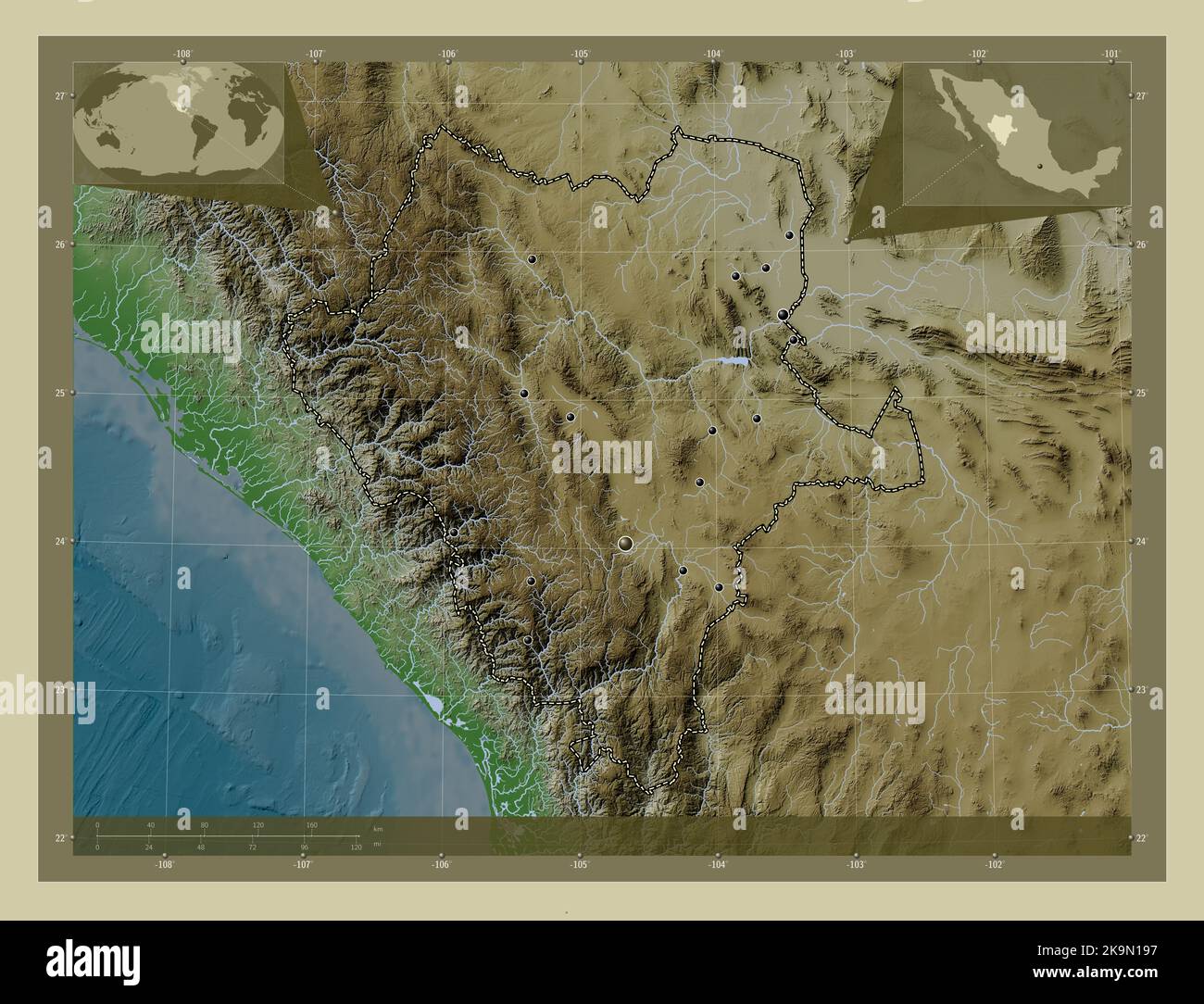 Durango, state of Mexico. Elevation map colored in wiki style with ...