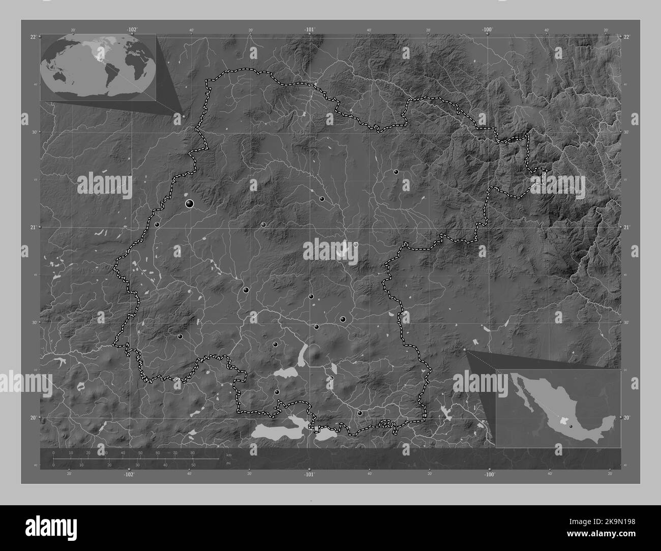 Guanajuato, state of Mexico. Grayscale elevation map with lakes and ...