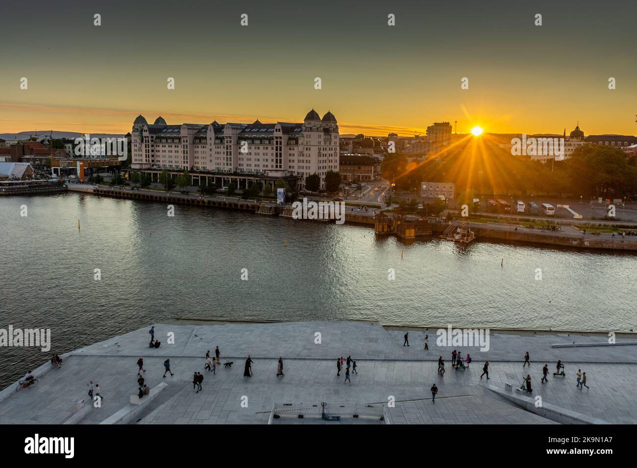 Oslo, Norway, 7 August 2022: Beautiful sunset over Oslo from the Opera ...