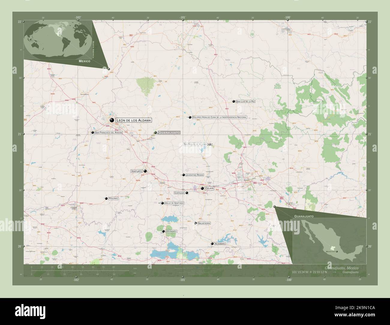 Guanajuato, state of Mexico. Open Street Map. Locations and names of ...