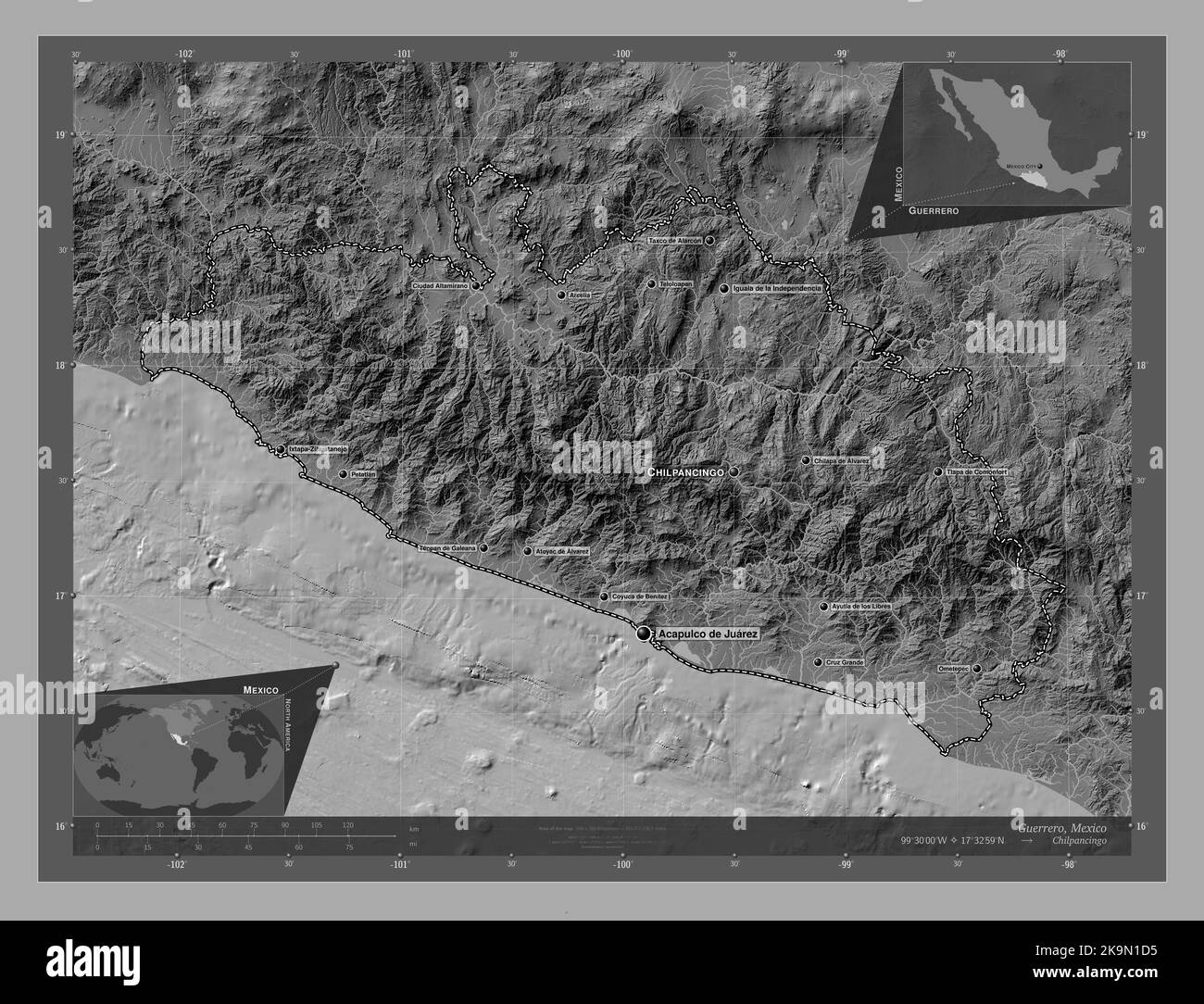 Guerrero, state of Mexico. Bilevel elevation map with lakes and rivers ...