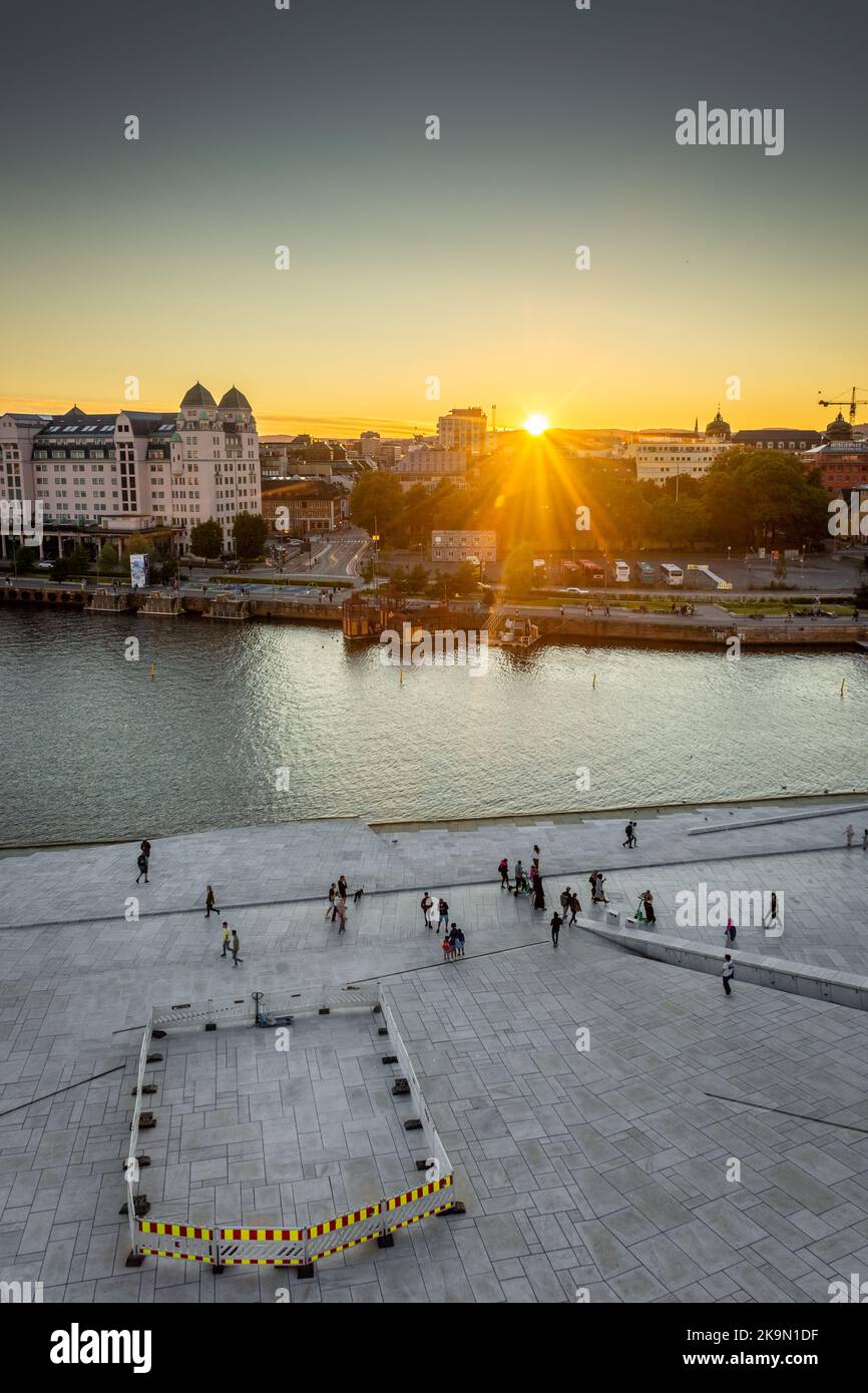 Oslo, Norway, 7 August 2022: Beautiful sunset over Oslo from the Opera ...