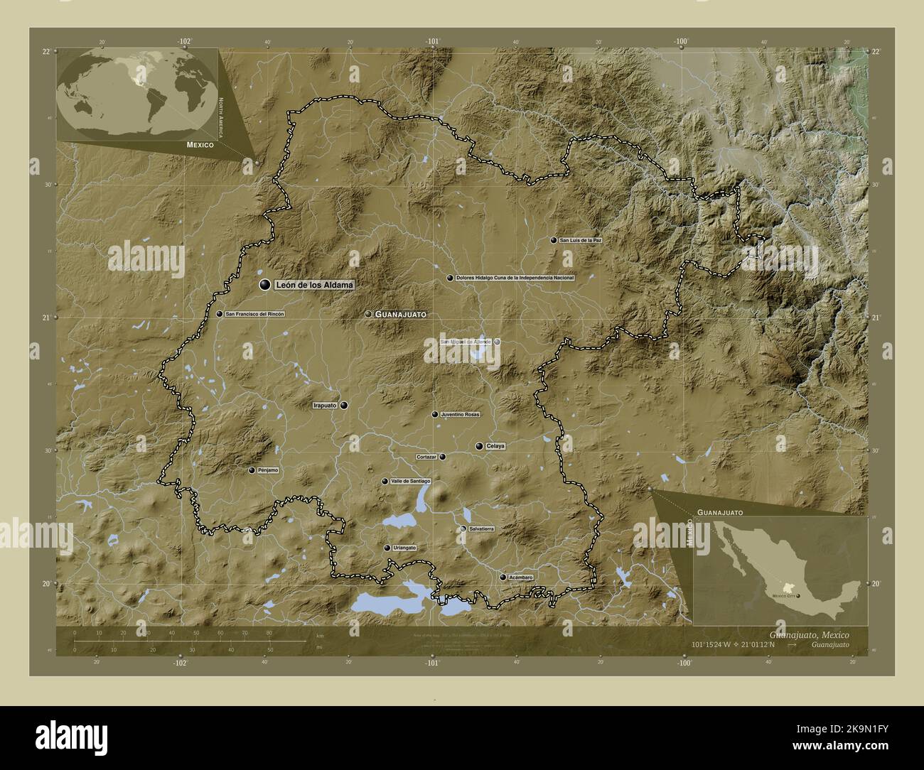 Guanajuato, state of Mexico. Elevation map colored in wiki style with ...