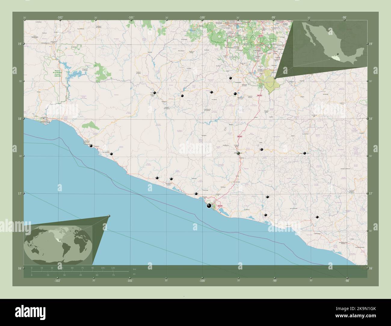 Guerrero, state of Mexico. Open Street Map. Locations of major cities ...