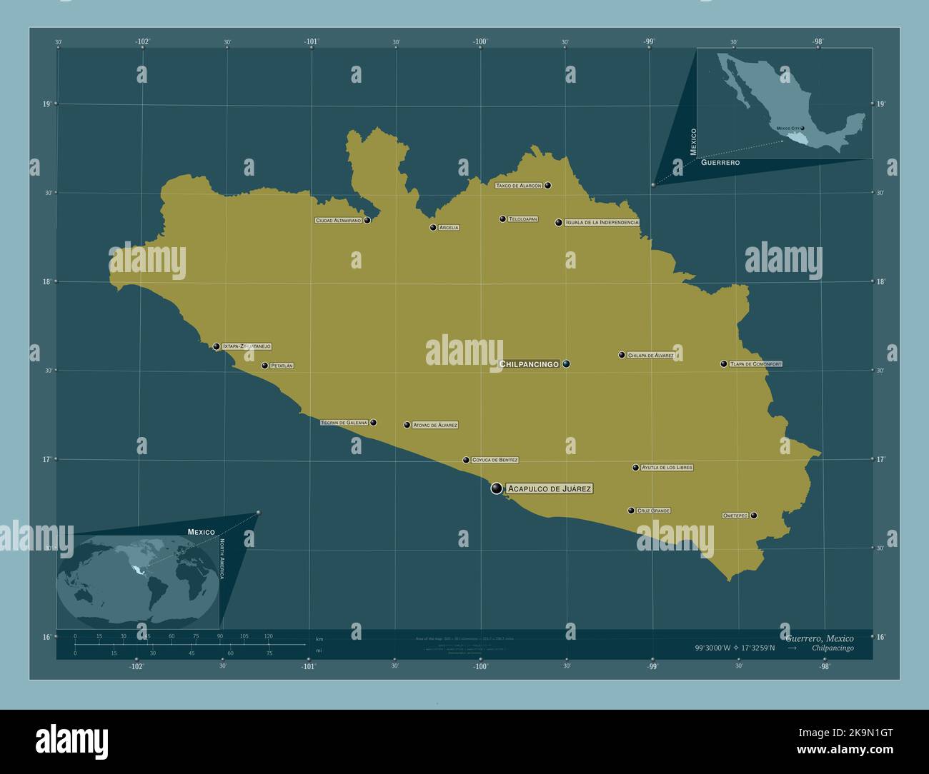 Guerrero, state of Mexico. Solid color shape. Locations and names of ...