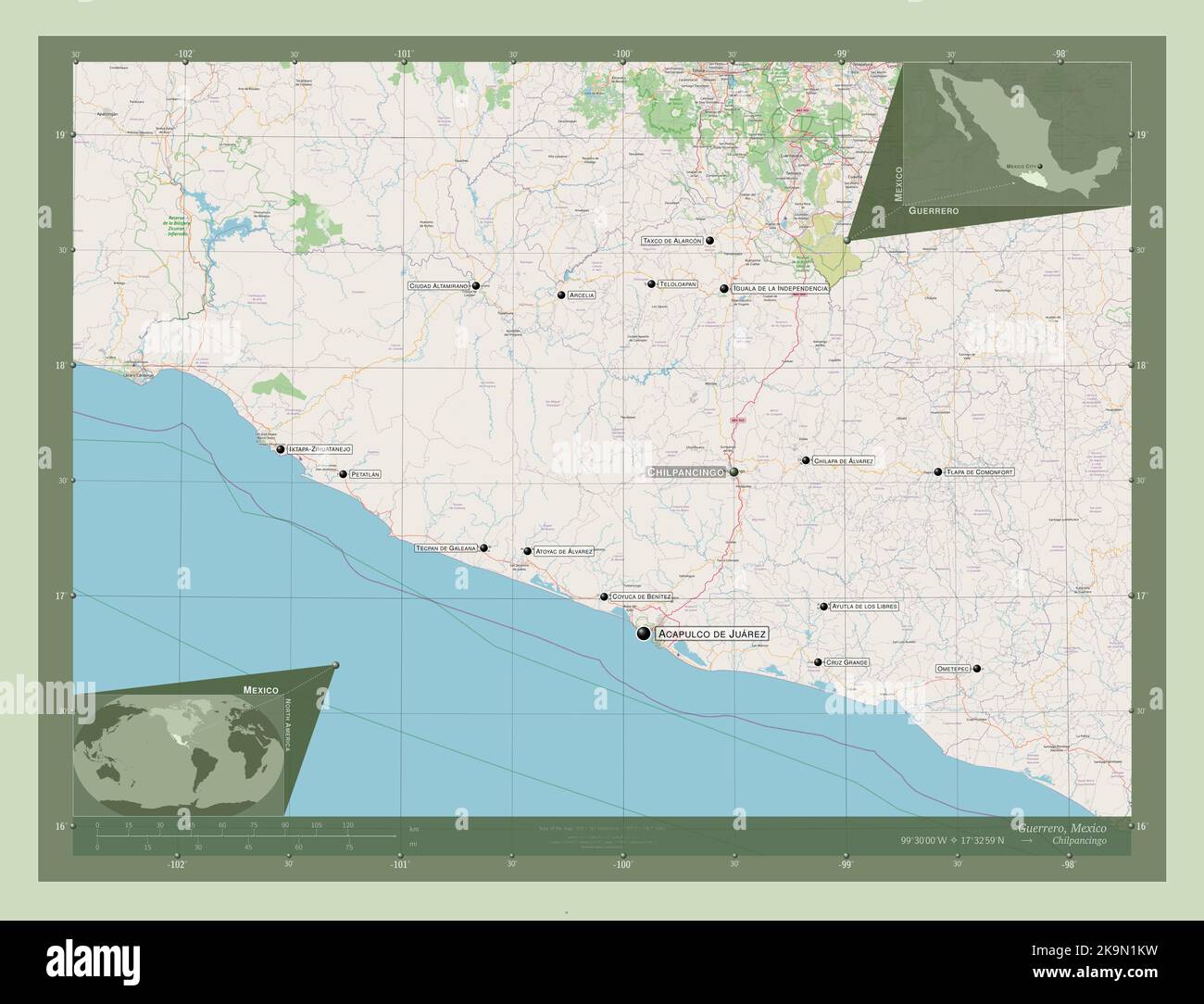 Guerrero, state of Mexico. Open Street Map. Locations and names of ...