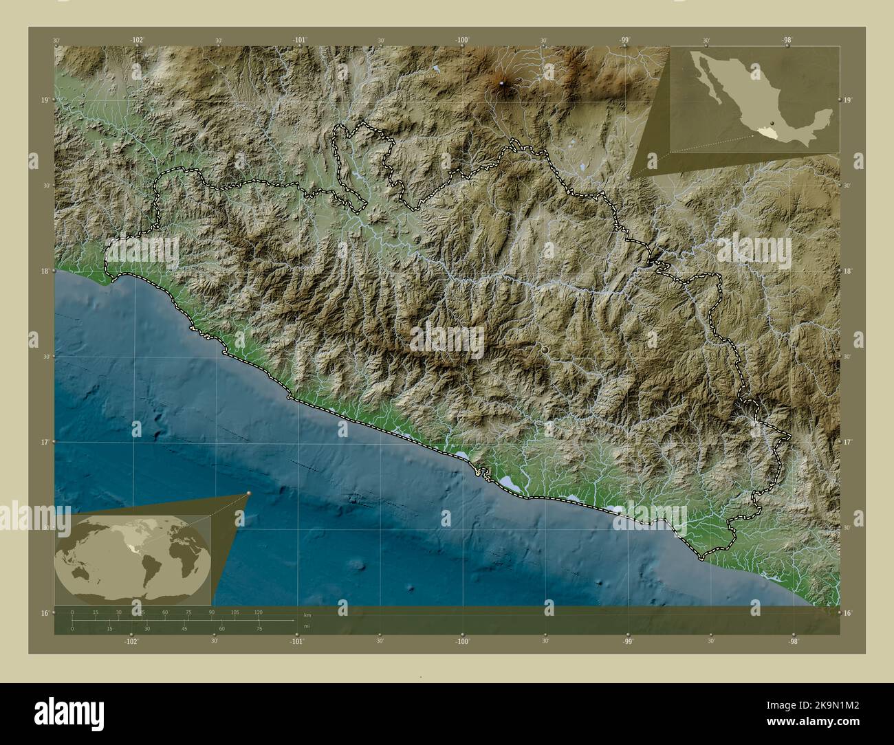 Guerrero, state of Mexico. Elevation map colored in wiki style with ...