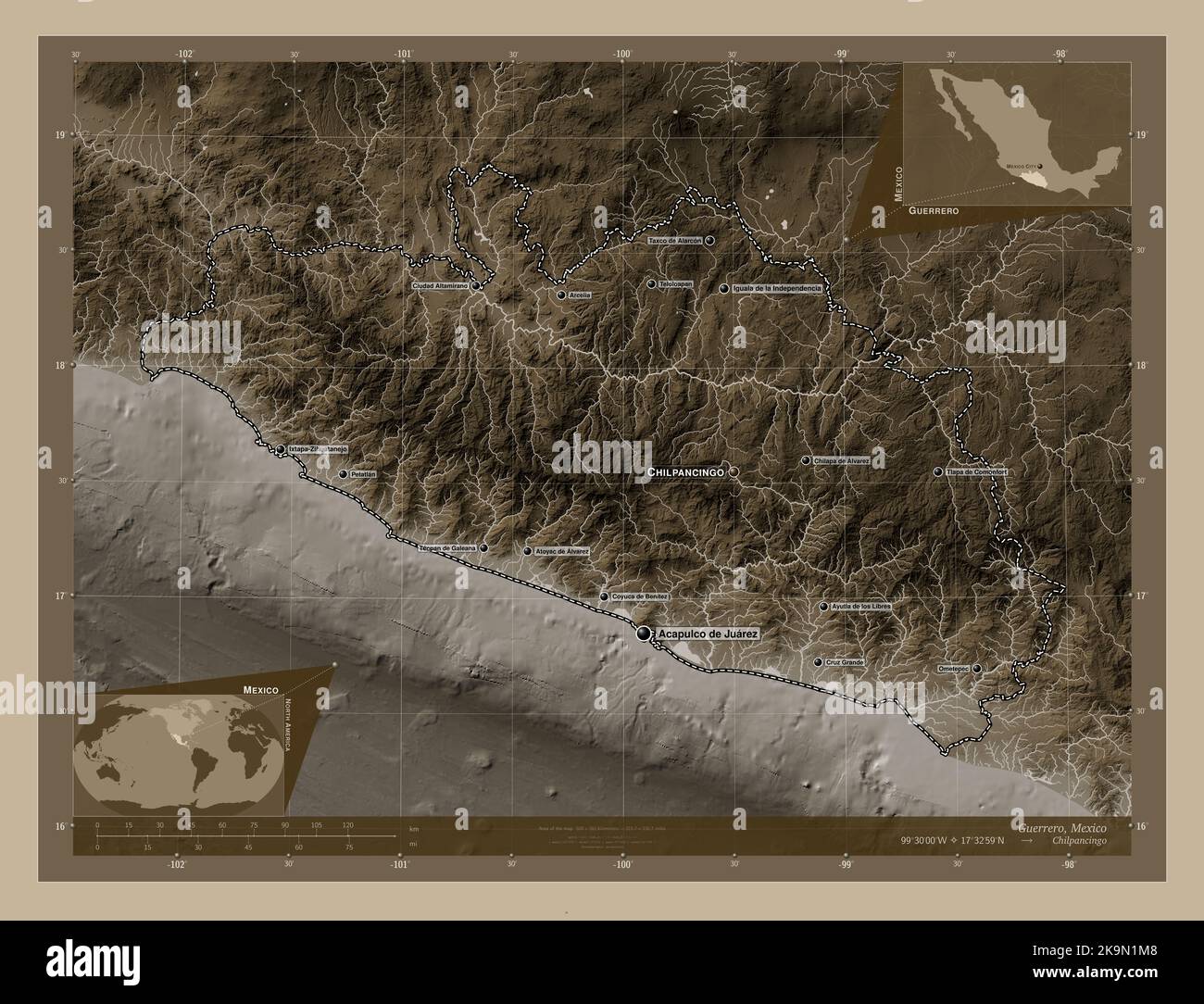Guerrero, state of Mexico. Elevation map colored in sepia tones with ...