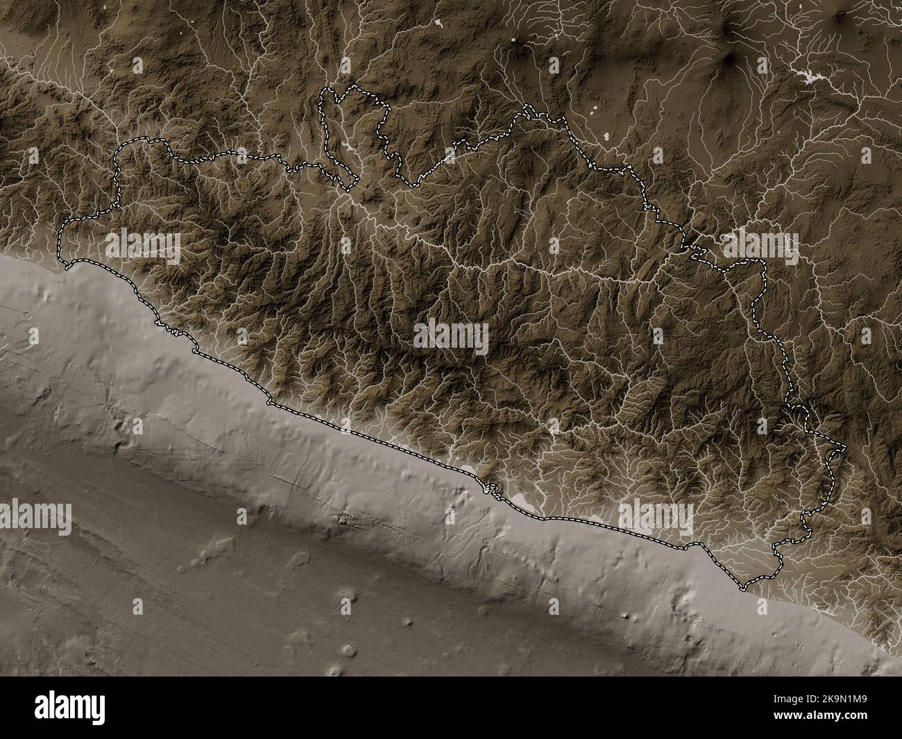 Guerrero, state of Mexico. Elevation map colored in sepia tones with ...