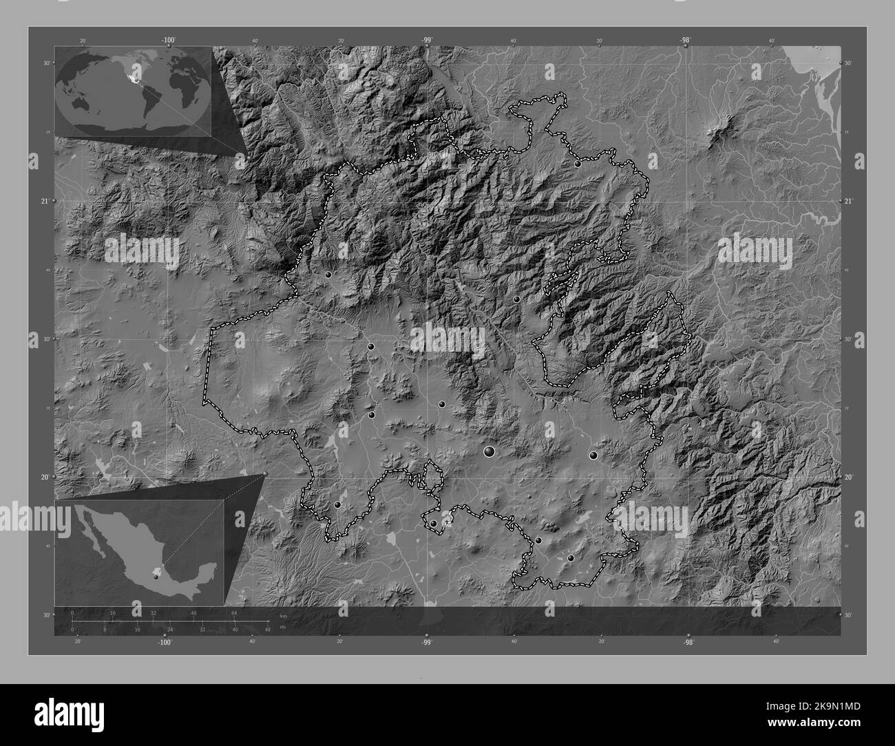 Hidalgo, state of Mexico. Bilevel elevation map with lakes and rivers ...