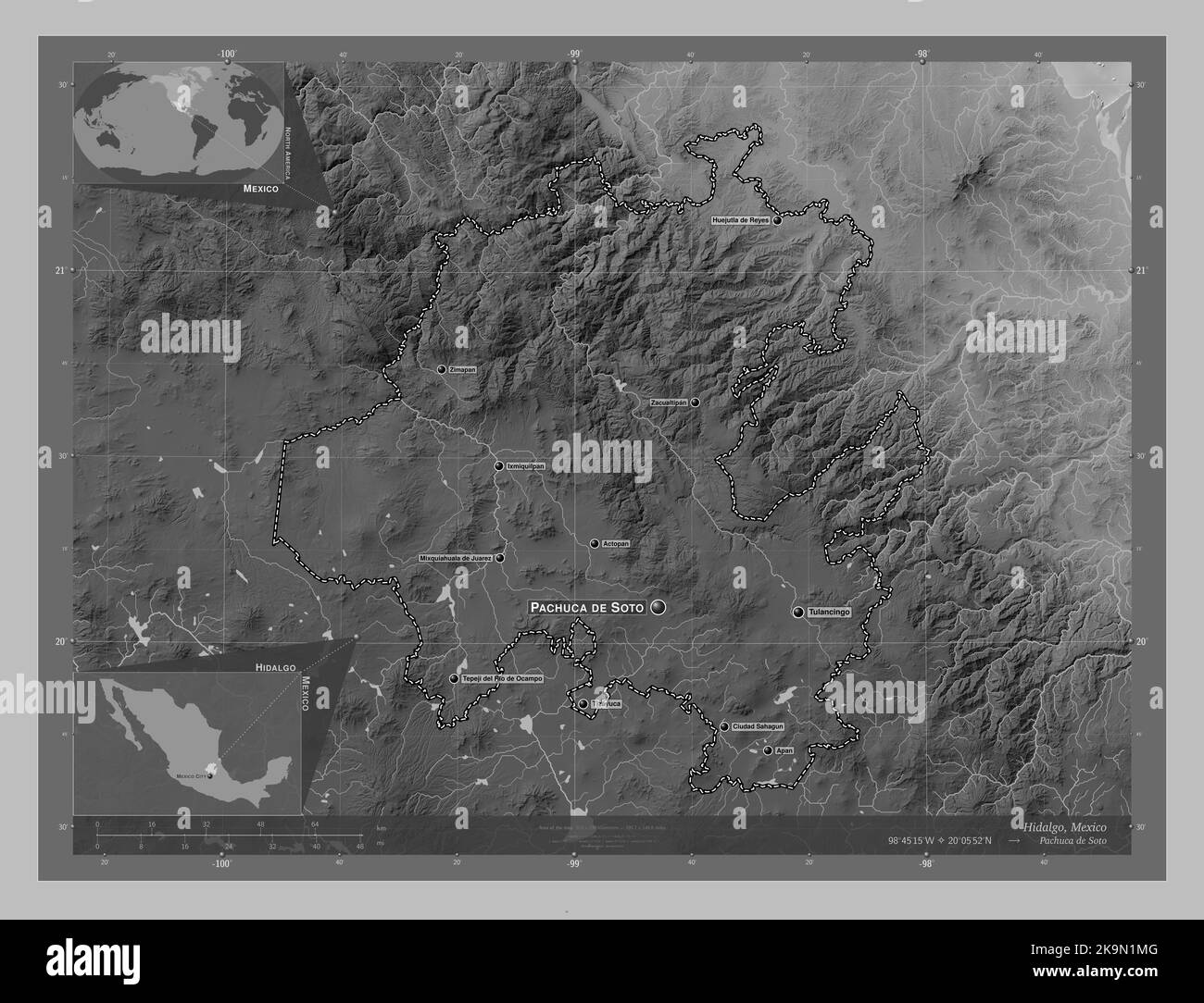 Hidalgo, state of Mexico. Grayscale elevation map with lakes and rivers ...