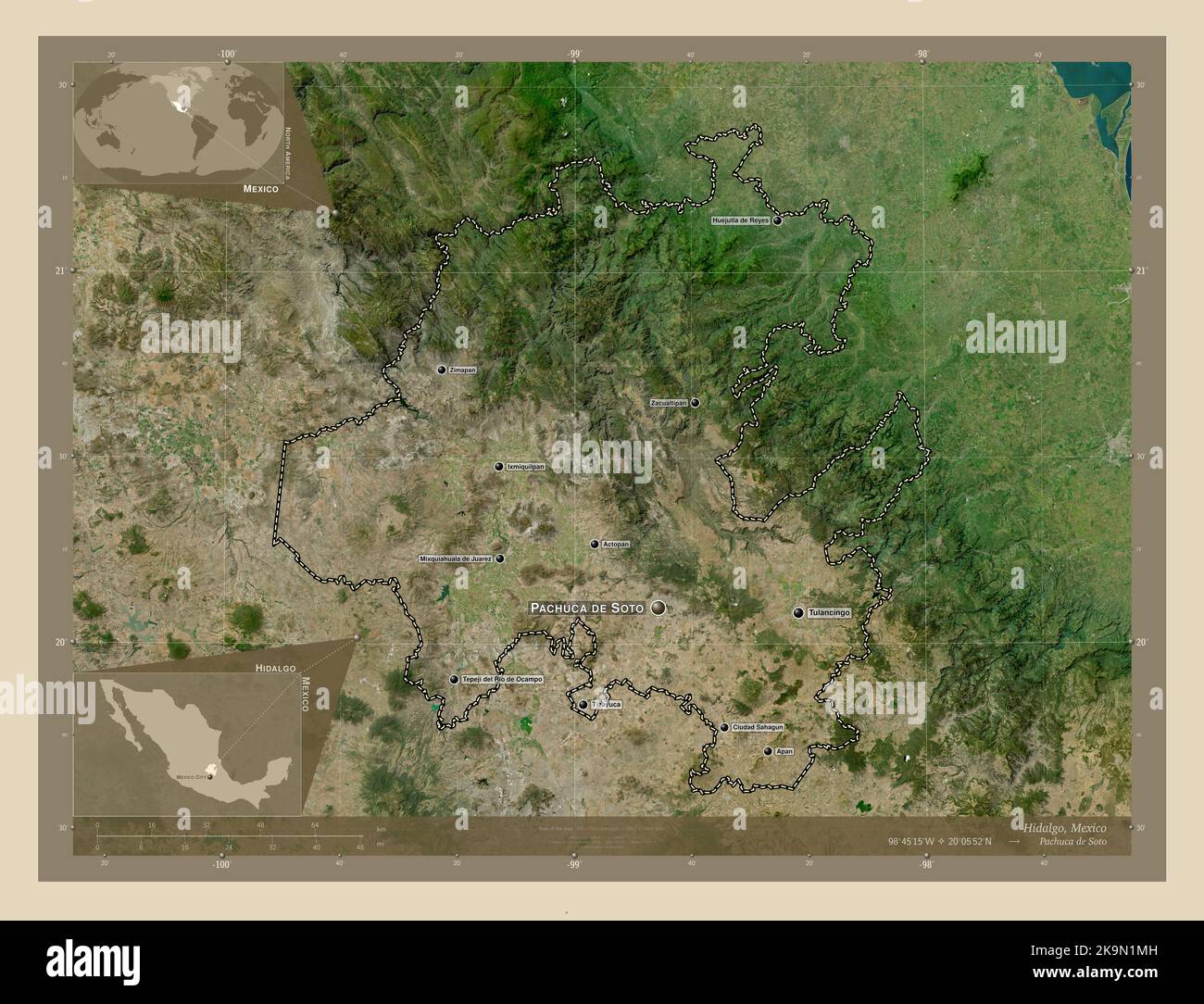 Hidalgo, state of Mexico. High resolution satellite map. Locations and ...