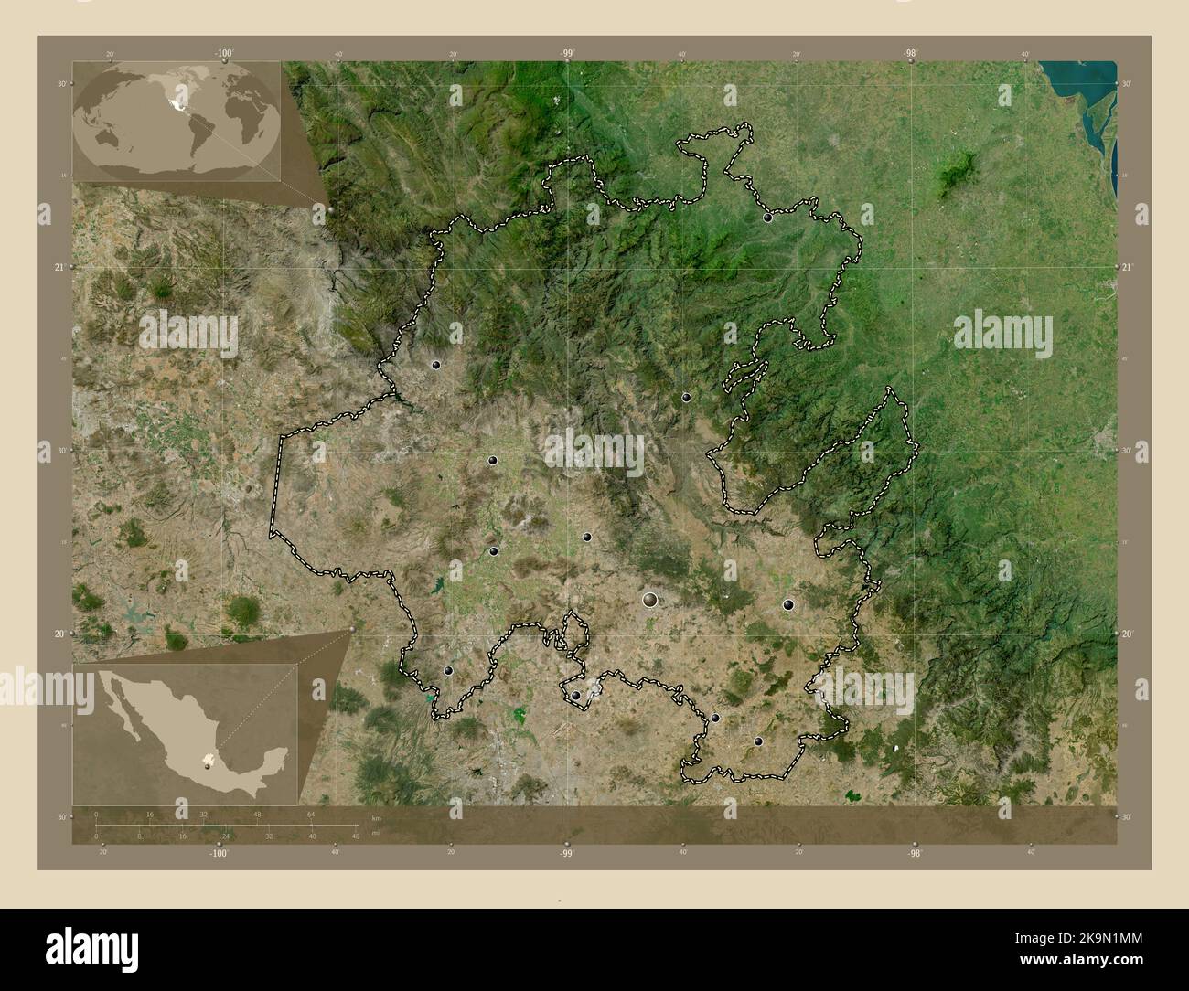 Hidalgo, state of Mexico. High resolution satellite map. Locations of ...