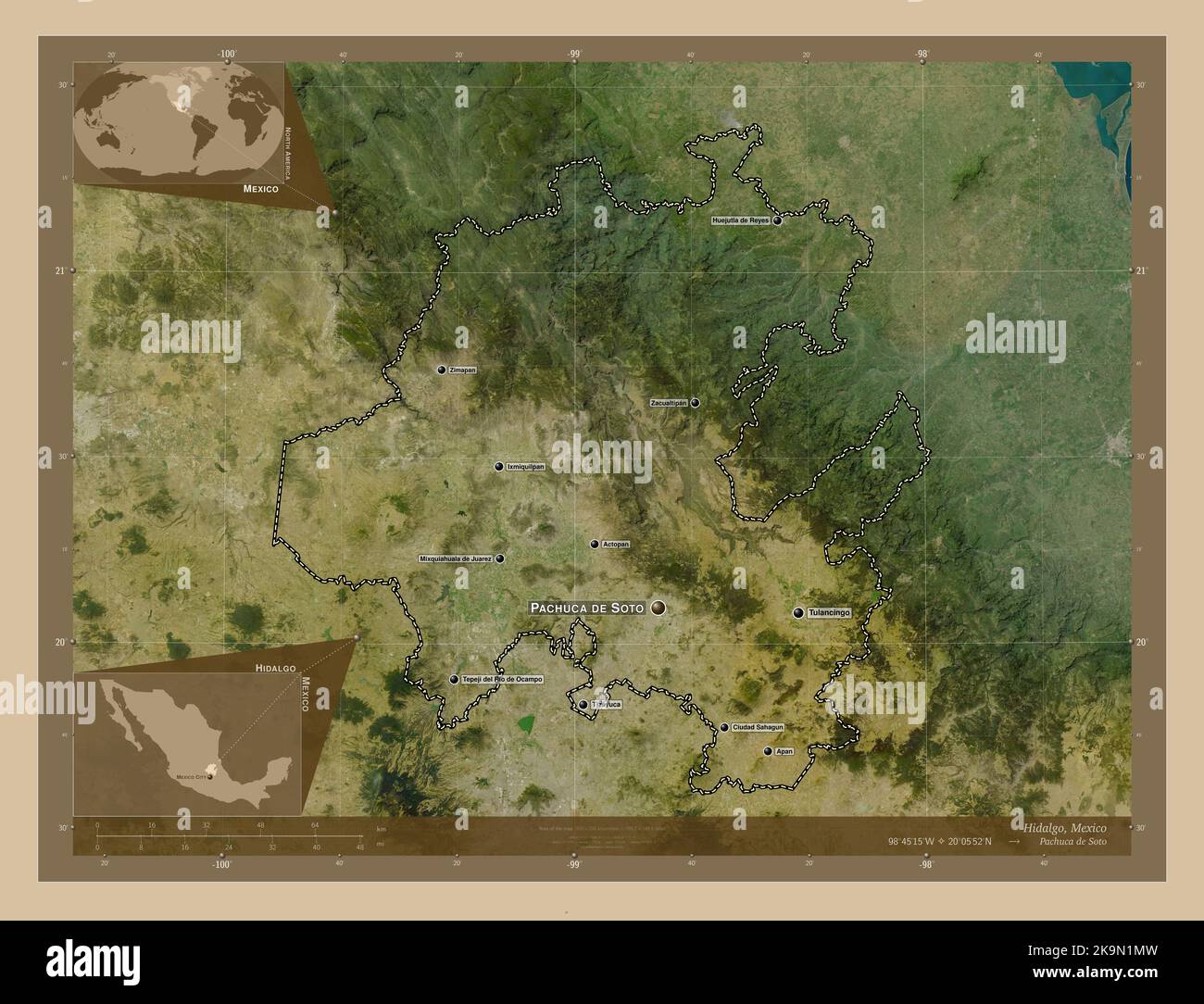 Hidalgo, state of Mexico. Low resolution satellite map. Locations and ...