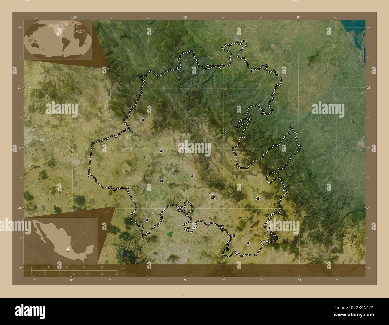 Hidalgo, state of Mexico. Low resolution satellite map. Locations of ...