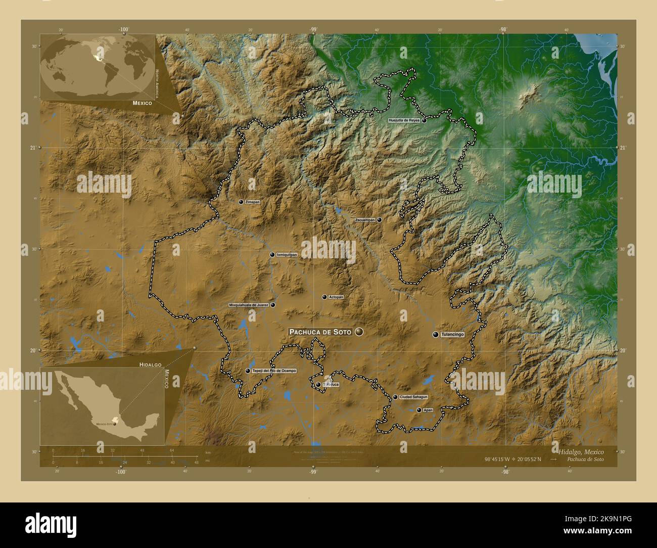 Hidalgo, state of Mexico. Colored elevation map with lakes and rivers ...