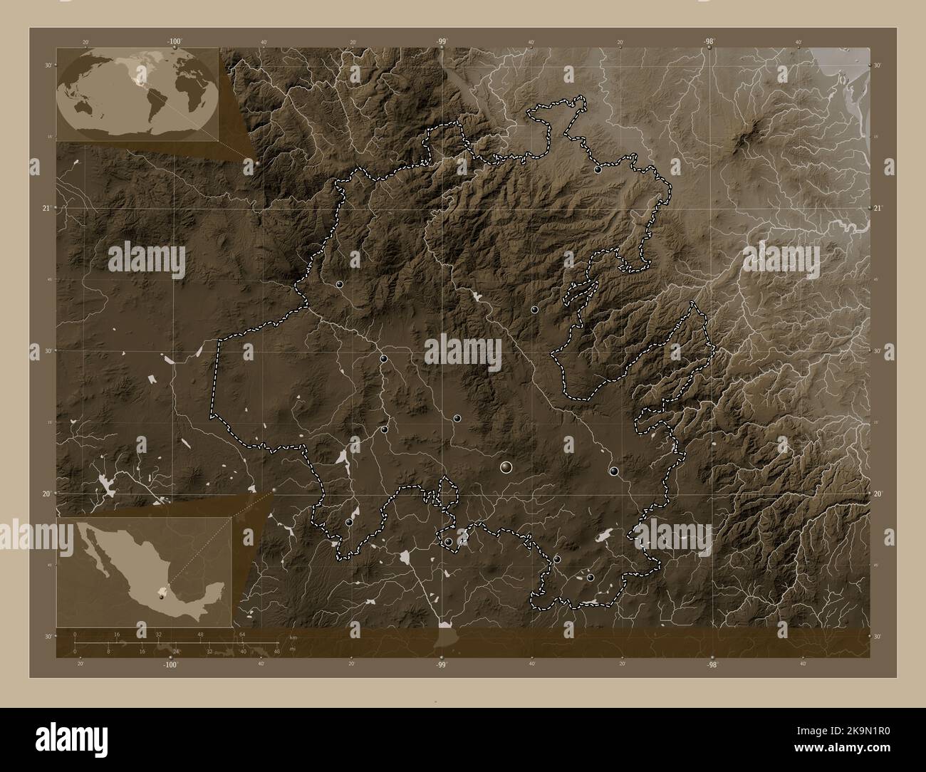 Hidalgo, state of Mexico. Elevation map colored in sepia tones with ...