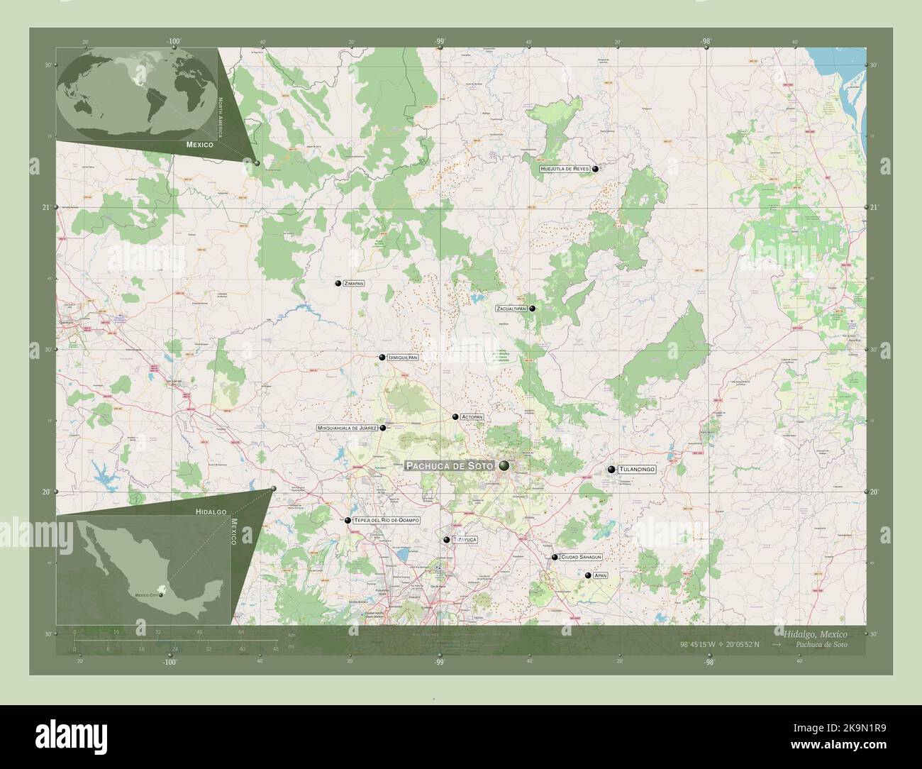 Hidalgo, state of Mexico. Open Street Map. Locations and names of major ...
