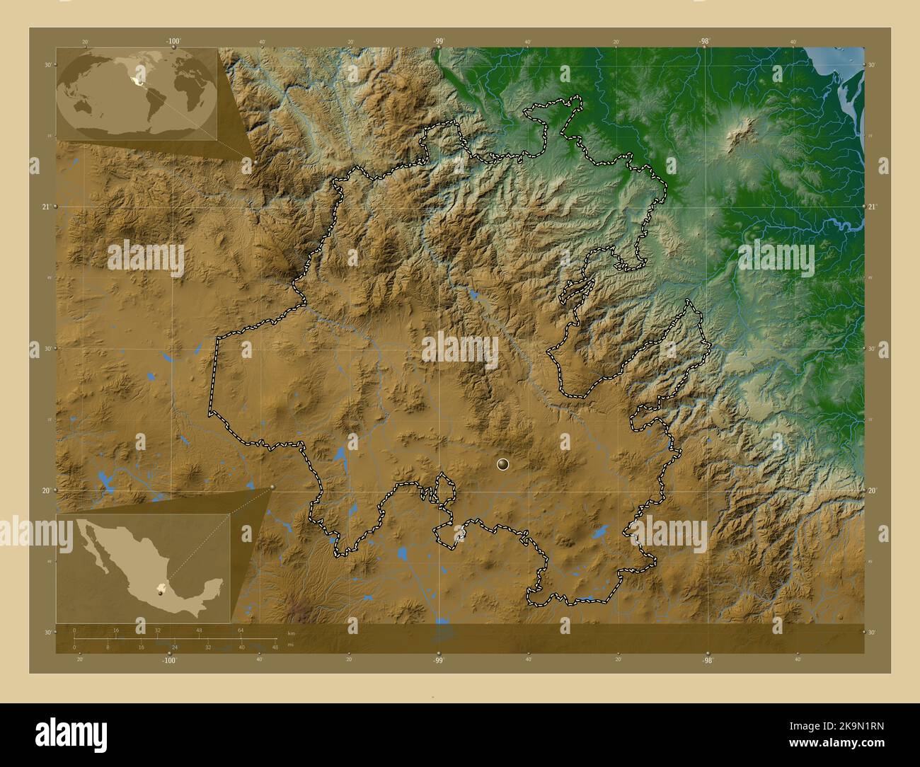 Hidalgo, state of Mexico. Colored elevation map with lakes and rivers ...