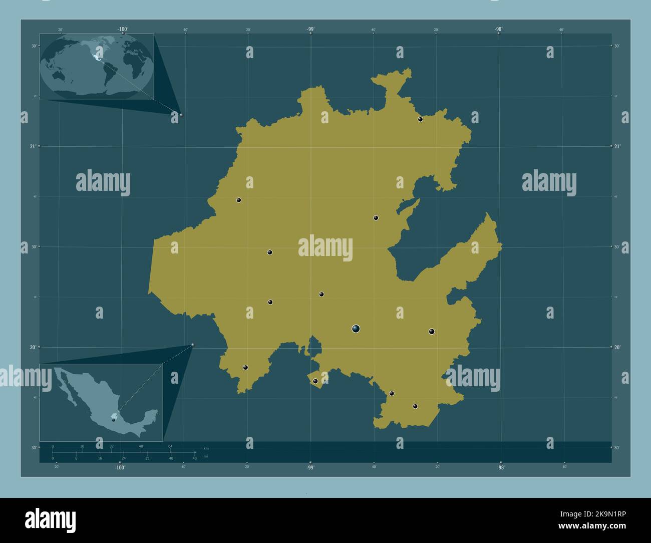 Hidalgo, state of Mexico. Solid color shape. Locations of major cities ...