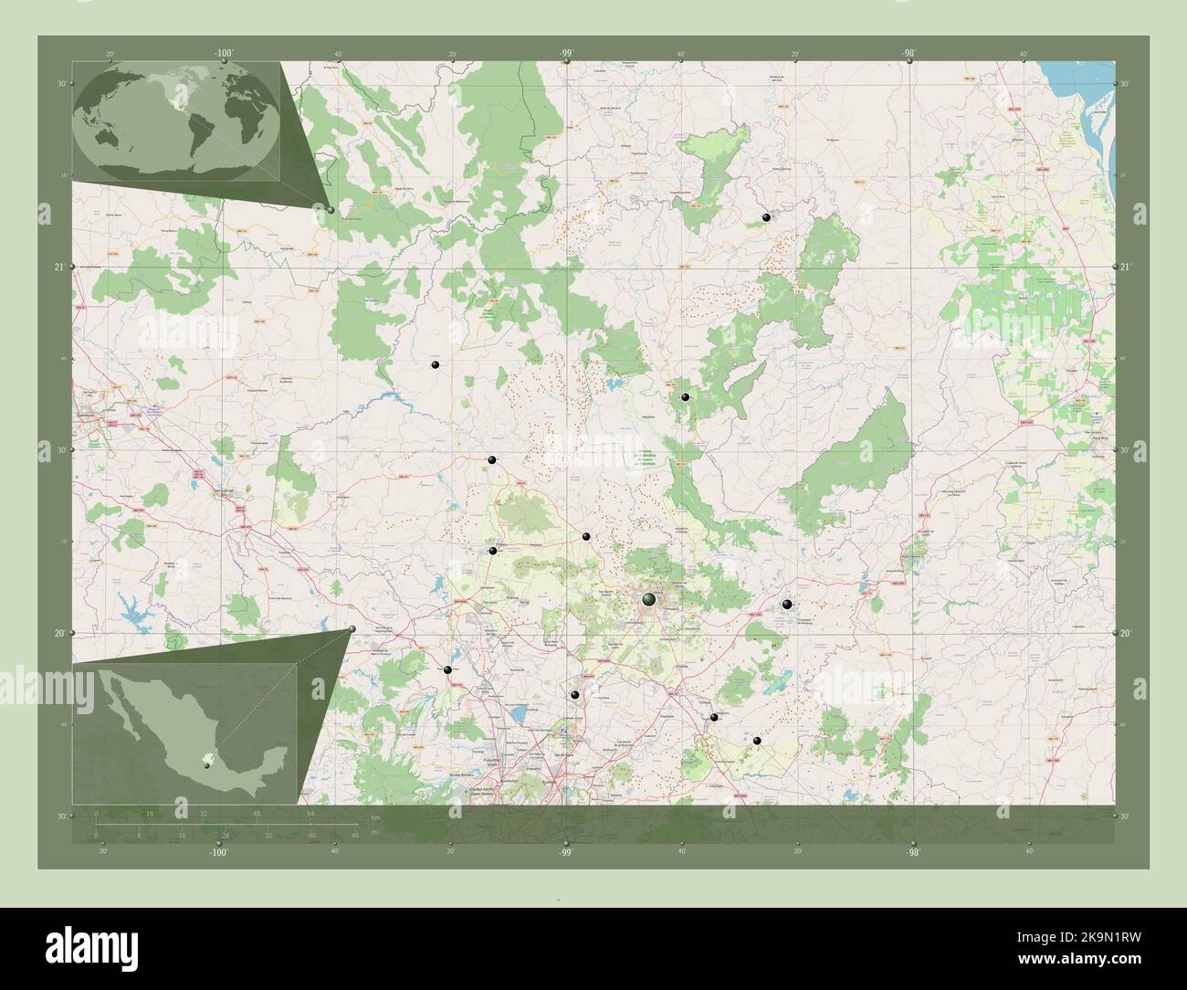 Hidalgo, state of Mexico. Open Street Map. Locations of major cities of ...