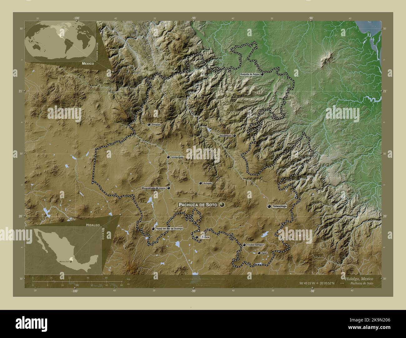 Hidalgo, state of Mexico. Elevation map colored in wiki style with ...