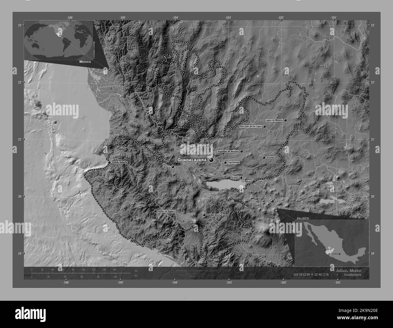 Jalisco, state of Mexico. Bilevel elevation map with lakes and rivers ...