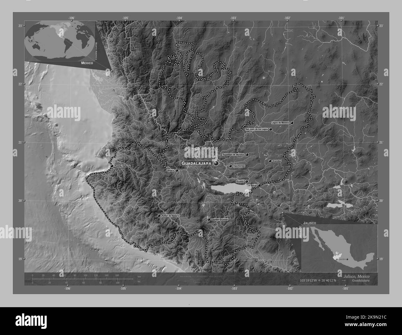 Jalisco, state of Mexico. Grayscale elevation map with lakes and rivers ...