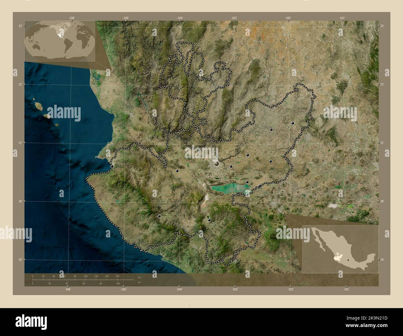 Jalisco, state of Mexico. High resolution satellite map. Locations of ...