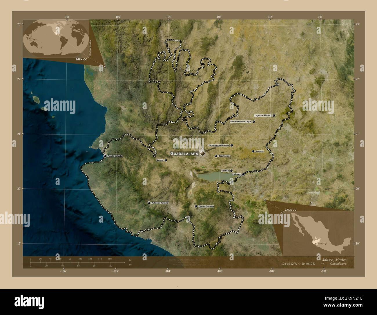 Jalisco, state of Mexico. Low resolution satellite map. Locations and ...