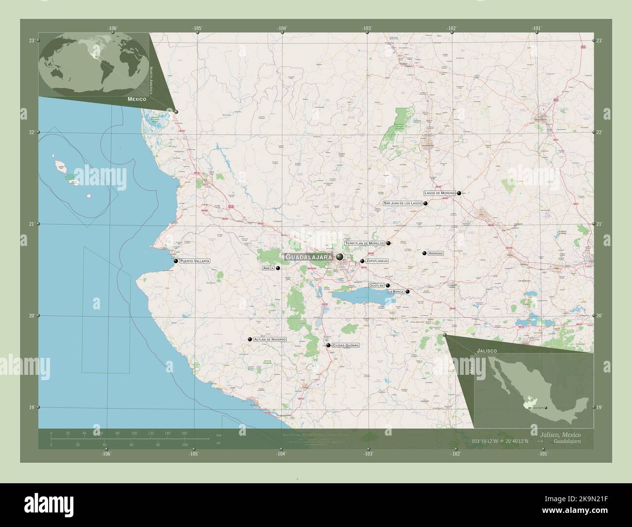 Jalisco, state of Mexico. Open Street Map. Locations and names of major ...