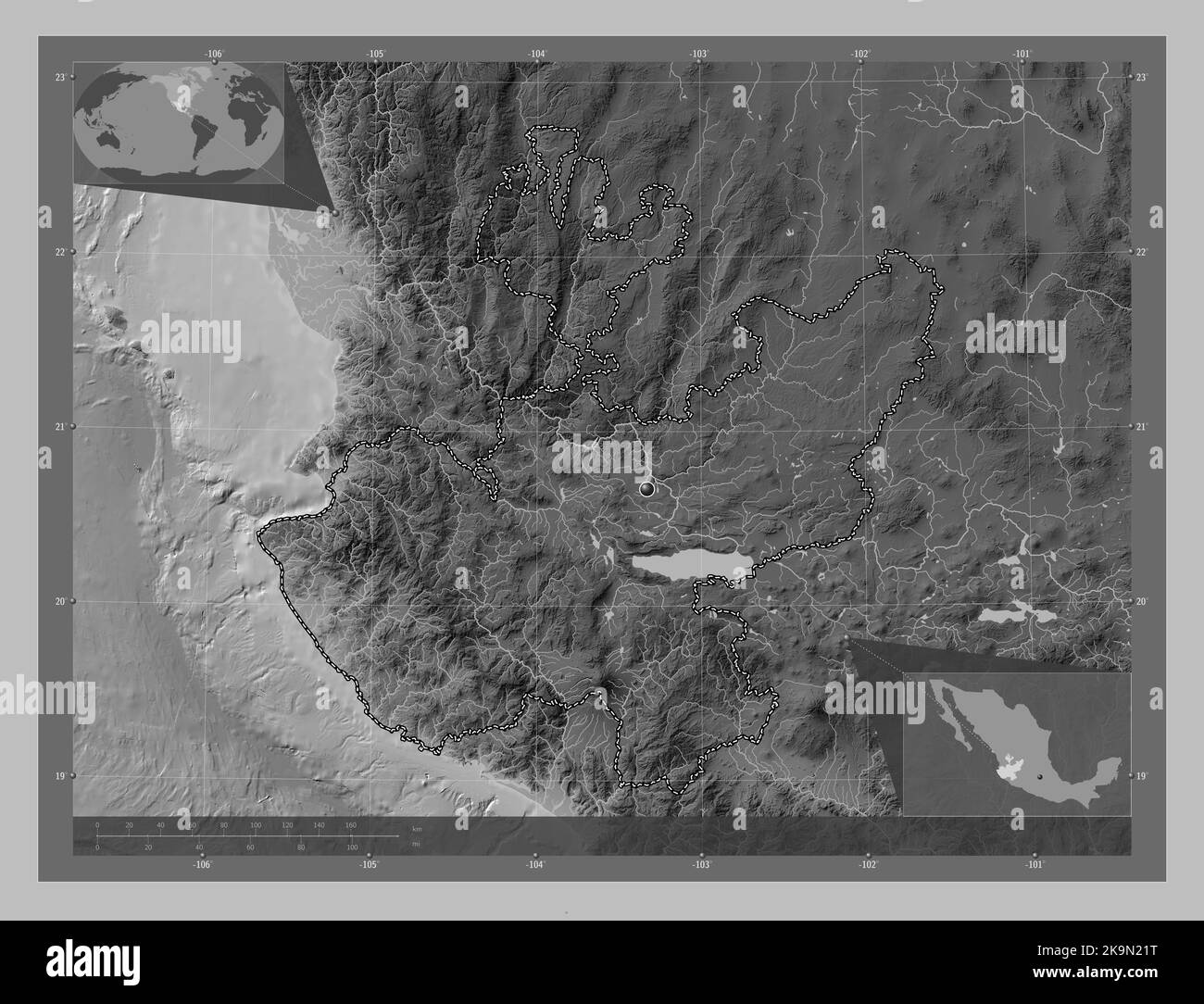 Jalisco, state of Mexico. Grayscale elevation map with lakes and rivers ...