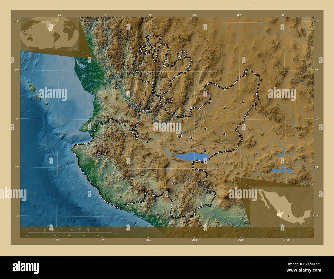 Jalisco, state of Mexico. Colored elevation map with lakes and rivers ...