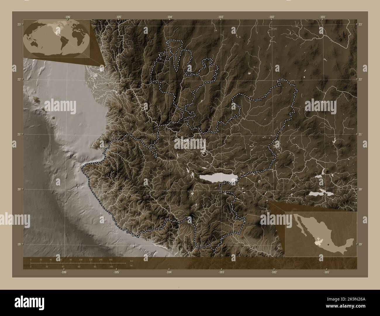 Jalisco, state of Mexico. Elevation map colored in sepia tones with ...