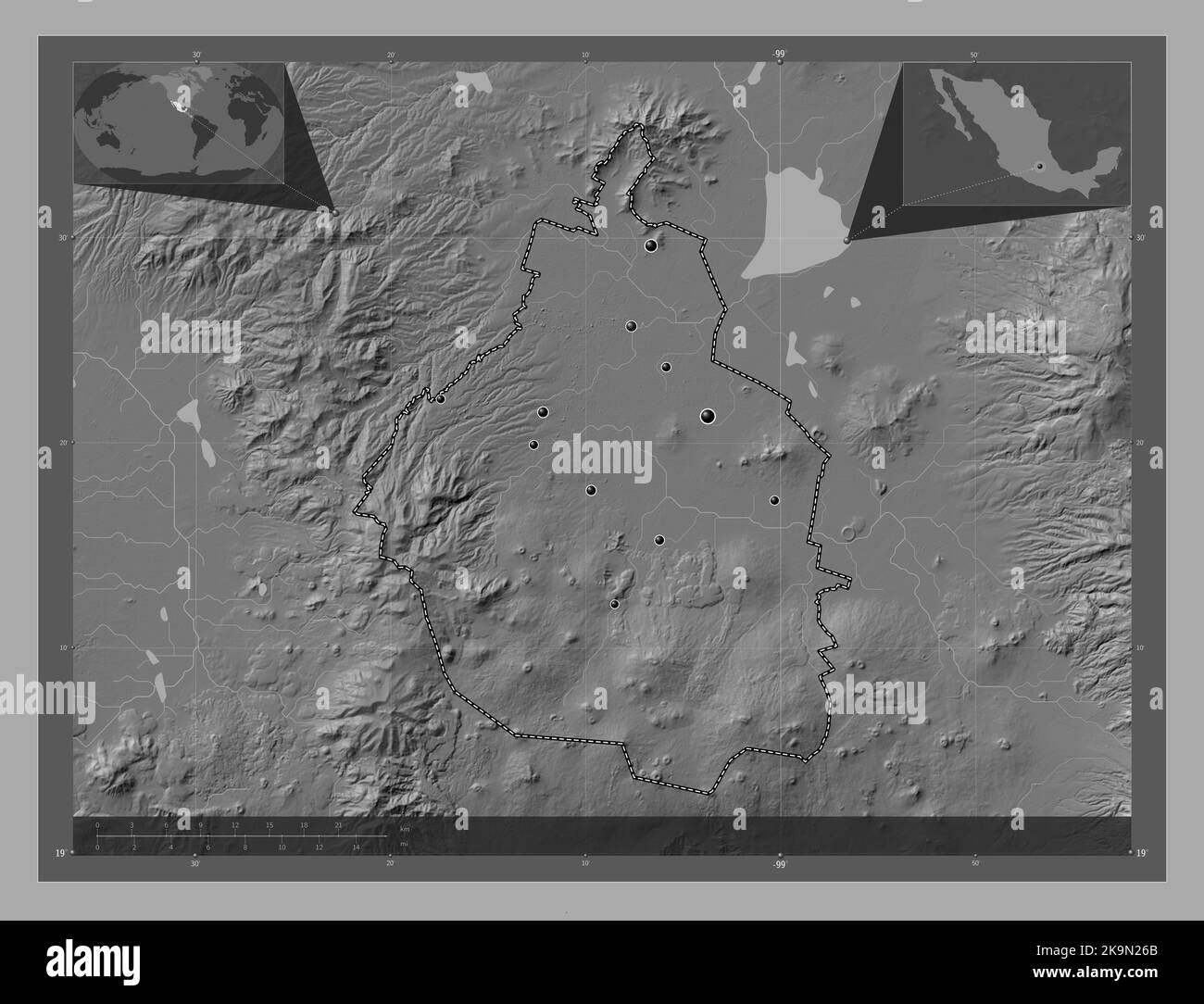 Ciudad de Mexico, city of Mexico. Bilevel elevation map with lakes and ...