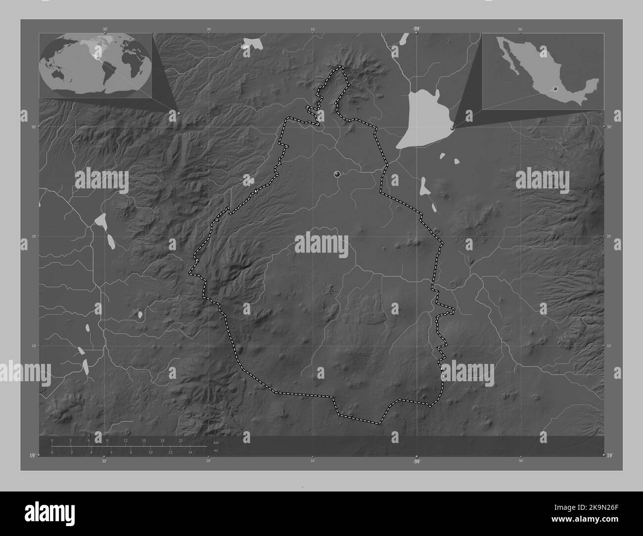 Ciudad de Mexico, city of Mexico. Grayscale elevation map with lakes ... Ciudad de Mexico, city of Mexico. Grayscale elevation map with lakes ...