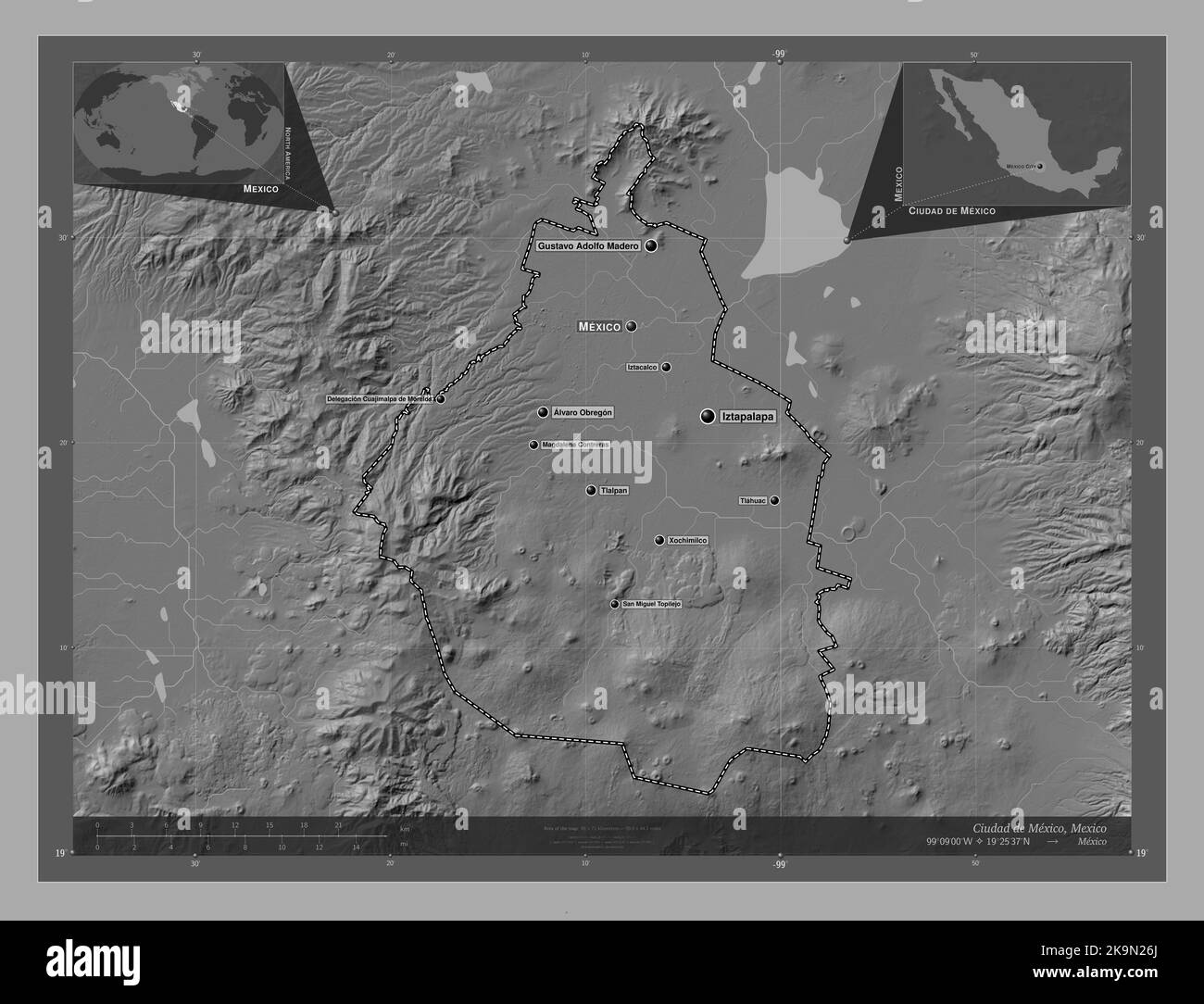 Ciudad de Mexico, city of Mexico. Bilevel elevation map with lakes and ...