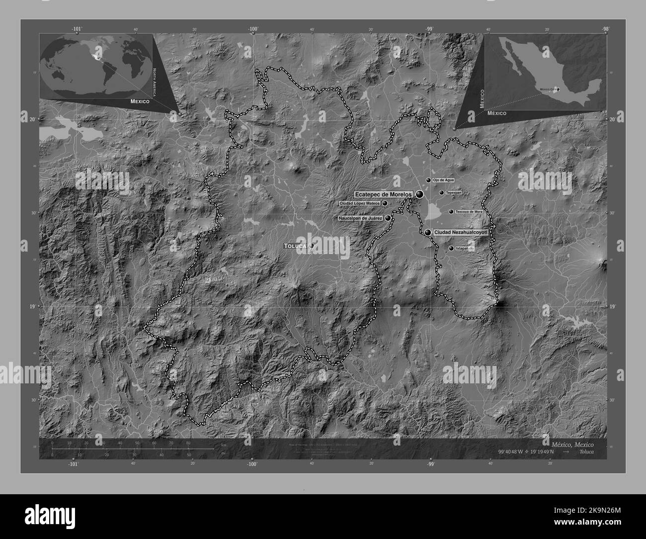 Mexico, state of Mexico. Bilevel elevation map with lakes and rivers ...
