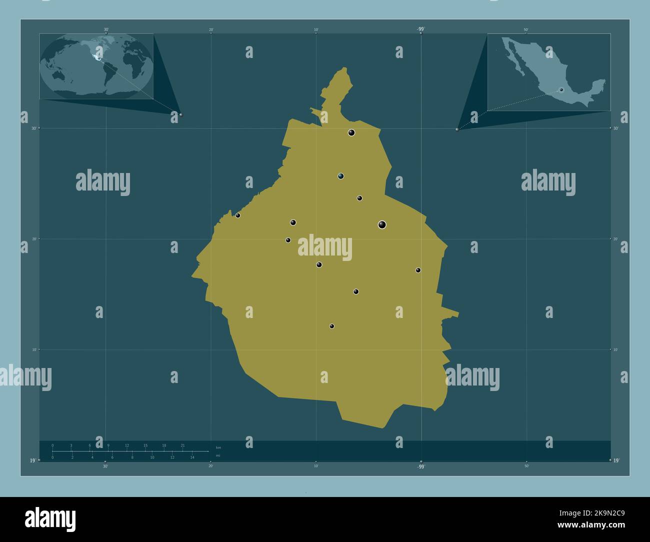 Ciudad de Mexico, city of Mexico. Solid color shape. Locations of major ...