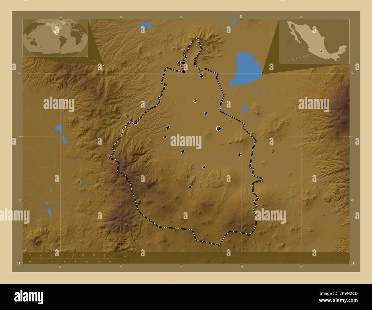 Ciudad de Mexico, city of Mexico. Colored elevation map with lakes and ...