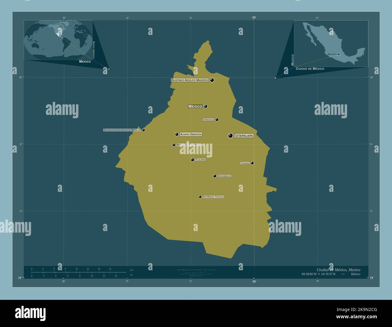 Ciudad de Mexico, city of Mexico. Solid color shape. Locations and ...