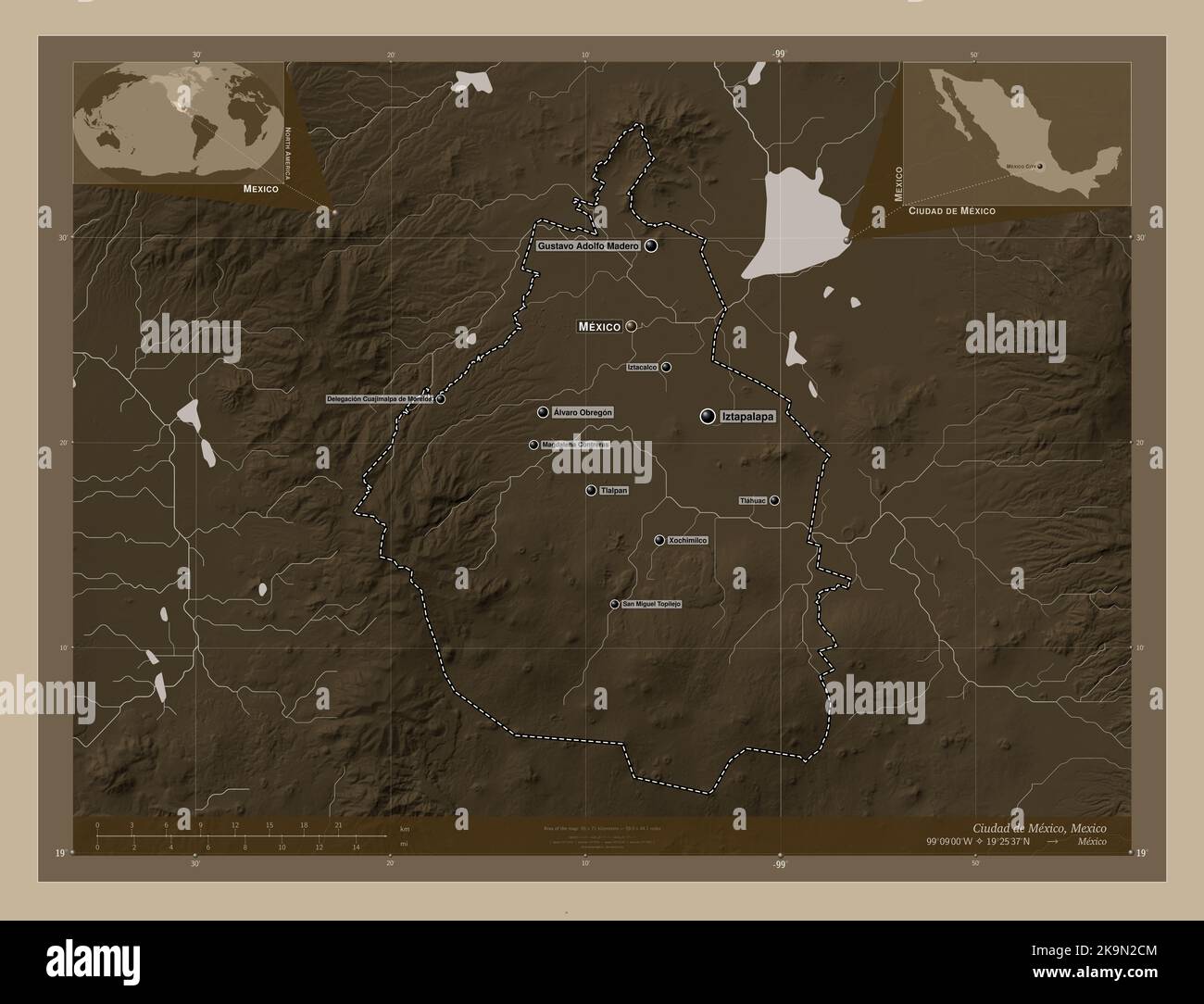 Ciudad de Mexico, city of Mexico. Elevation map colored in sepia tones ...