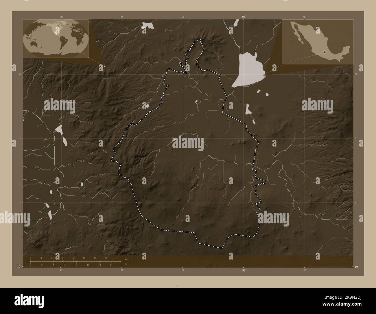 Ciudad de Mexico, city of Mexico. Elevation map colored in sepia tones ...