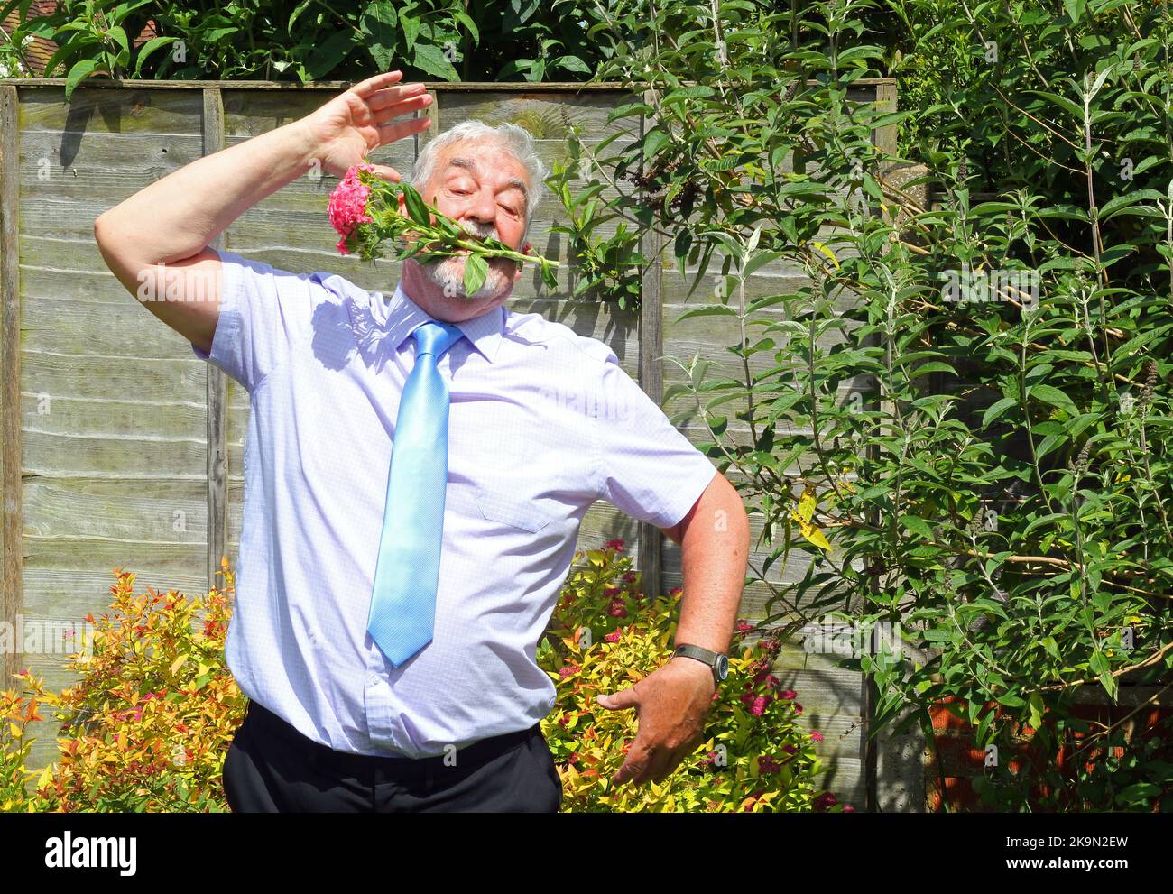Happy senior man dancing with bunch of flowers in his mouth Stock Photo ...