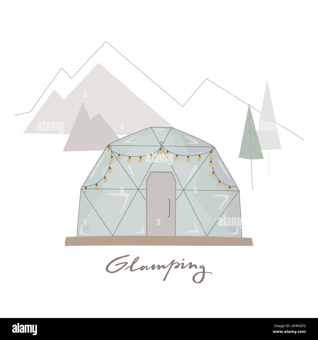 Simple flat vector glamping house with mountains, trees at the ...